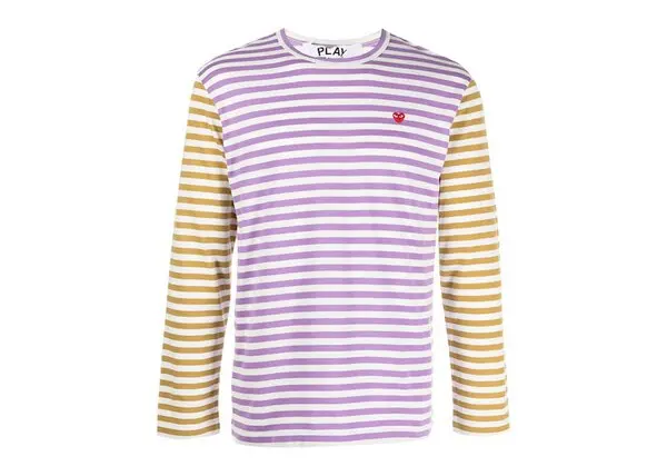 Play Comme Des Garcon Embroidered Logo Striped Longsleeve Tee Shirt - Purple/yellow