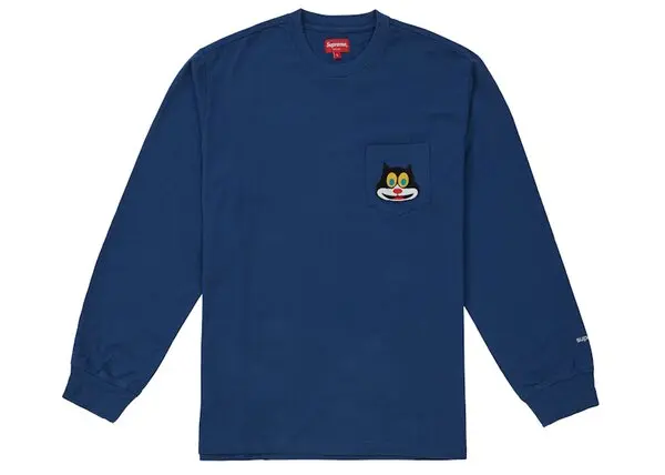 Supreme Cat Long Sleeve Pocket Tee Shirt - Navy Blue