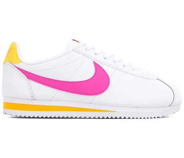 Nike Classic Cortez Leather Sneakers - White/laser Fuchsia/laser Orange