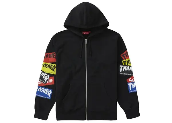 Supreme Thrasher Logo Zip Up Hooded Sweatshirt - Black