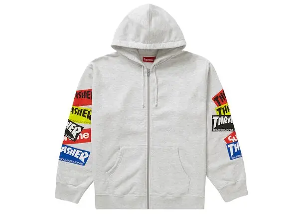 Supreme Thrasher Logo Zip Up Hooded Sweatshirt - Ash Grey