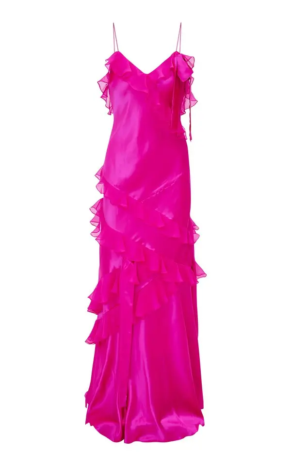 LoveShackFancy Rialto Ruffled Silk Midi Dress - Fuchsia