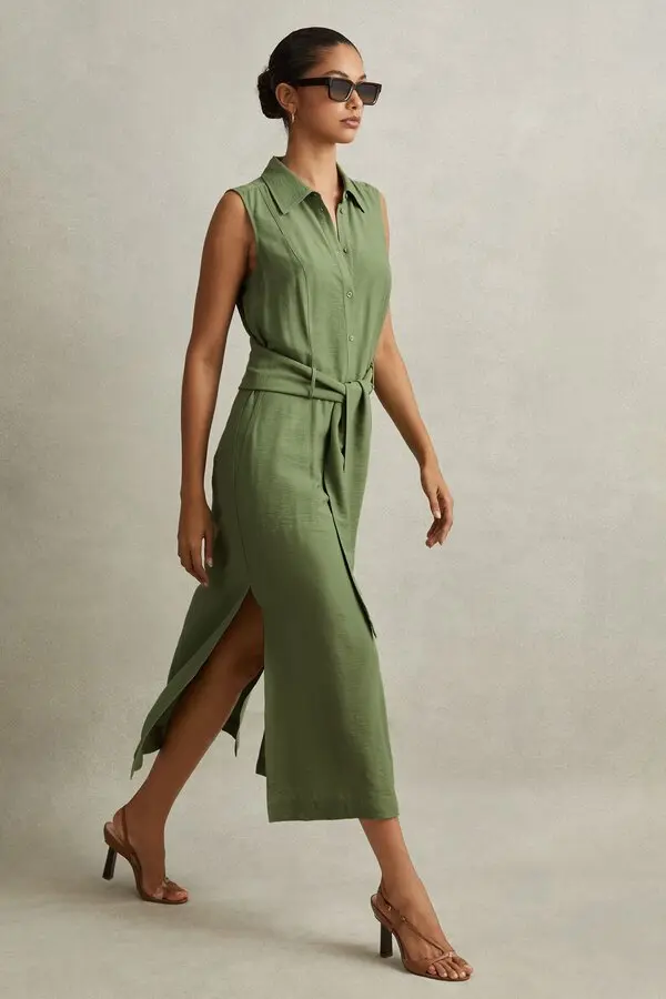 Reiss Morgan Viscose Blend Belted Shirt Dress - Green | Editorialist