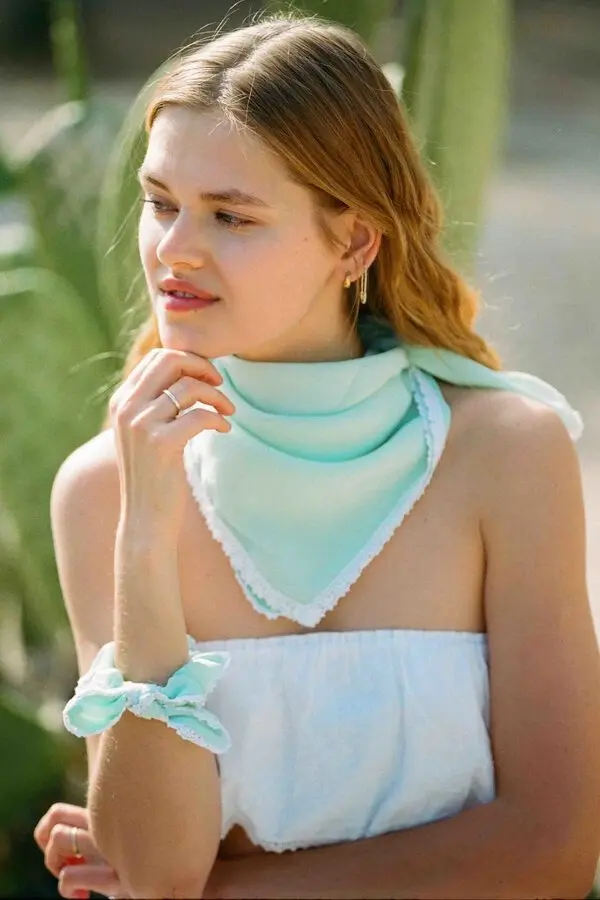 MERRITT CHARLES The Mint Silk Penelope Bandana And Bow Tie Lace Scrunchy Set