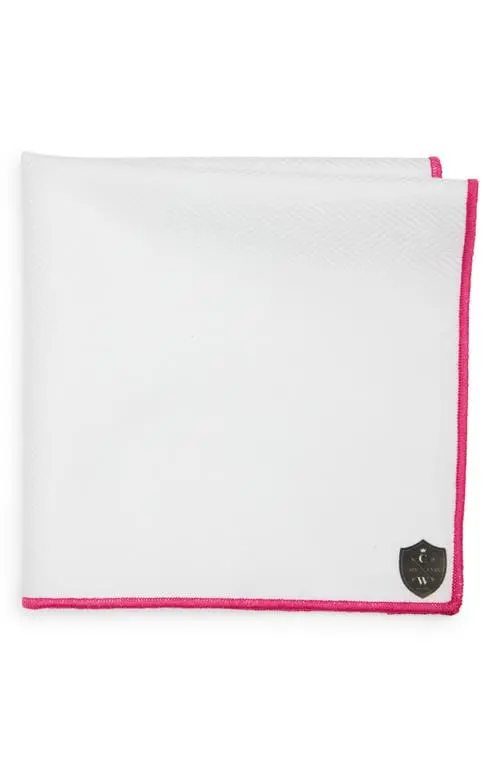 CLIFTON WILSON White Cotton Herringbone Pocket Square With Trim - Fuchsia