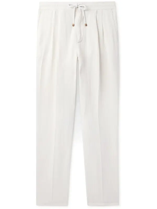 Brunello Cucinelli Straight-leg Pleated Linen-twill Drawstring Trousers - White