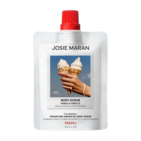 JOSIE MARAN Mini Vanilla Vibezzz Argan Oil + Sugar Balm Refillable Exfoliating Body Scrub