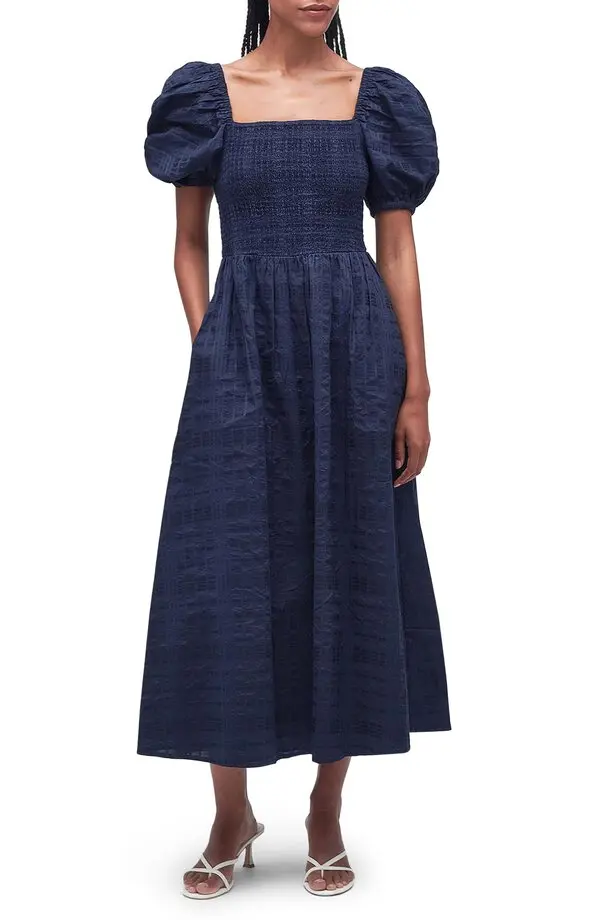 Barbour Macy Shirred Check Puff Sleeve Cotton Midi Dress - Navy |  Editorialist