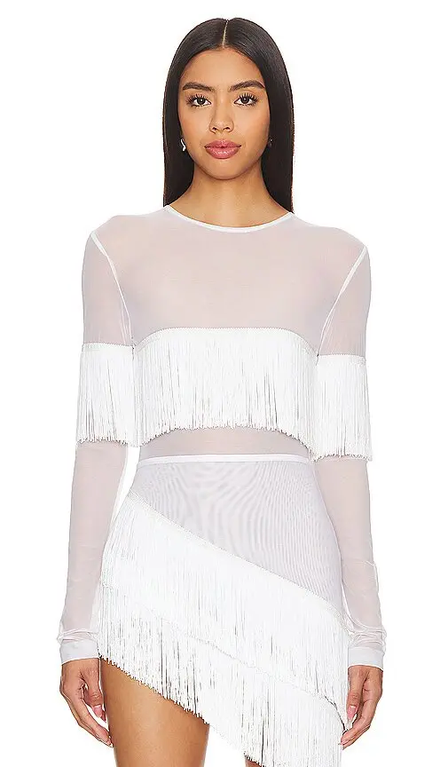 Norma Kamali Long Sleeve Crewneck Fringe Top