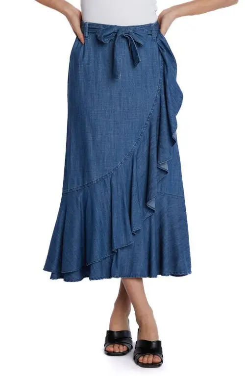 WASH LAB DENIM Ruffle Faux Wrap Midi Skirt - Deep Sea Blue