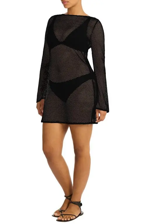 SEA LEVEL Surf Long Sleeve Sheer Mesh Cover-up Minidress - Black