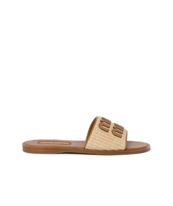 Miu Miu Logo-patch Raffia Slides - Neutrals