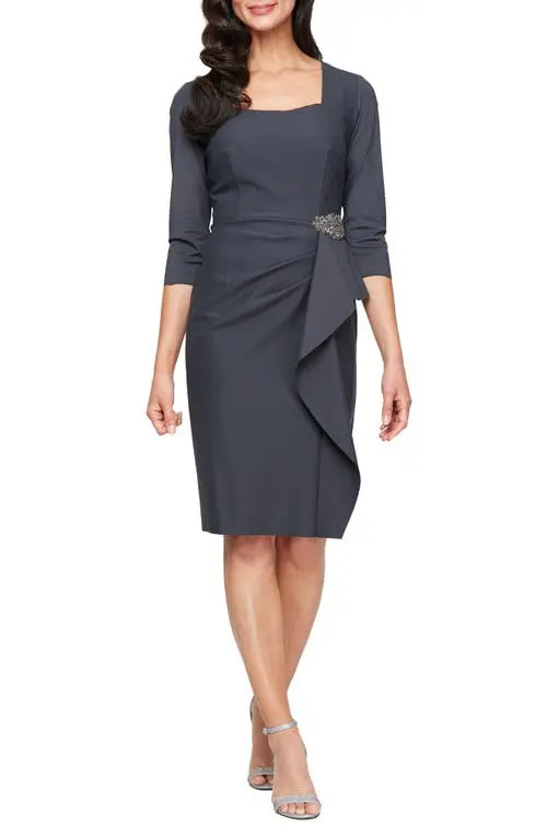 Alex Evenings Bead Detail Cascade Ruffle Sheath Dress - Charcoal