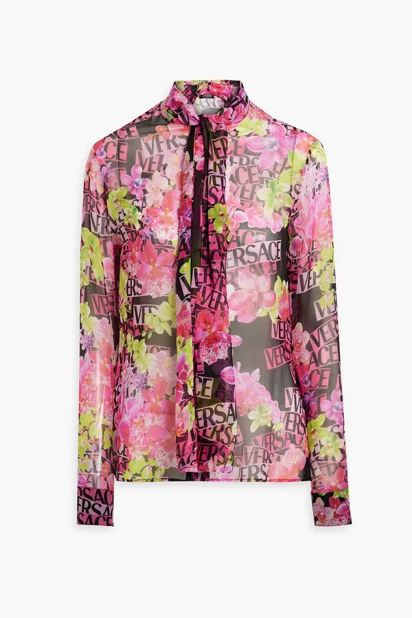 Versace Pussy-bow Printed Silk-chiffon Blouse