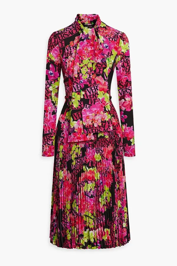 Versace Pleated Printed Crepe Midi Dress
