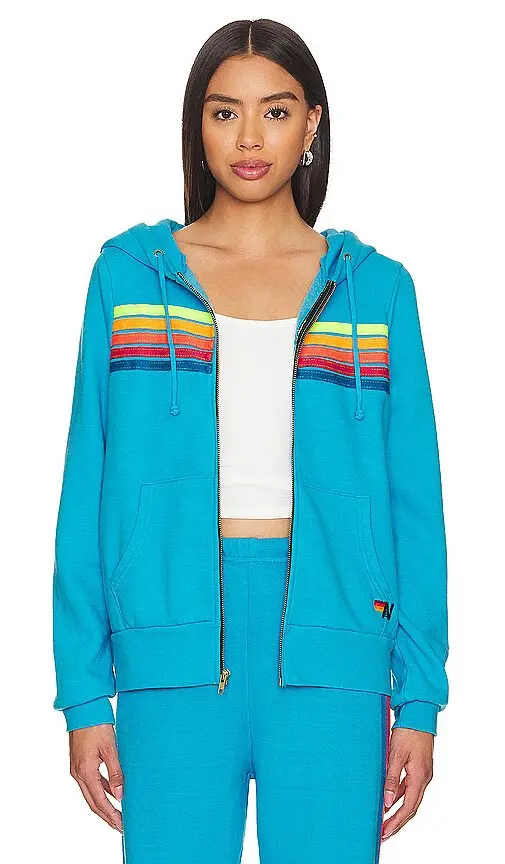 Aviator Nation 5 Stripe Zip Hoodie - Neon Blue & Neon Rainbow