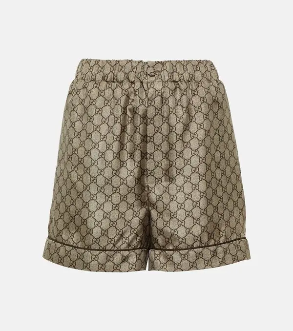 Gucci Gg Printed Silk Twill Shorts - Brown