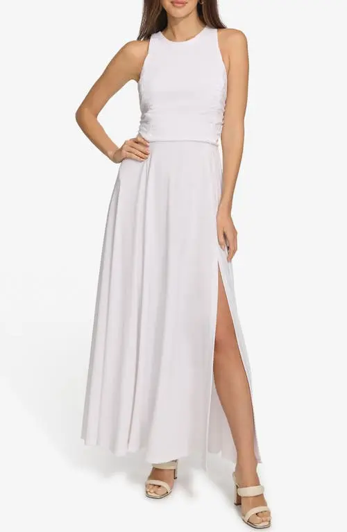 Dkny Ruched Mesh Trim Sleeveless Maxi Dress - White