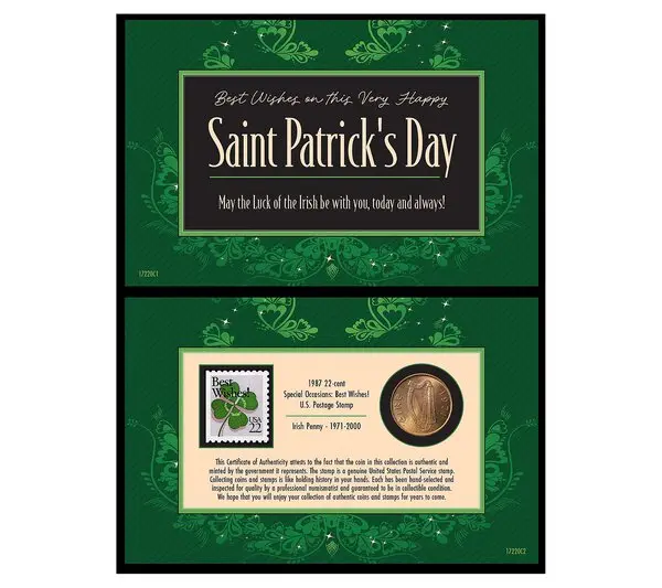 AMERICAN COIN TREASURES St. Patrick's Day Coin And Stamp Collectible Gr Eeting Card