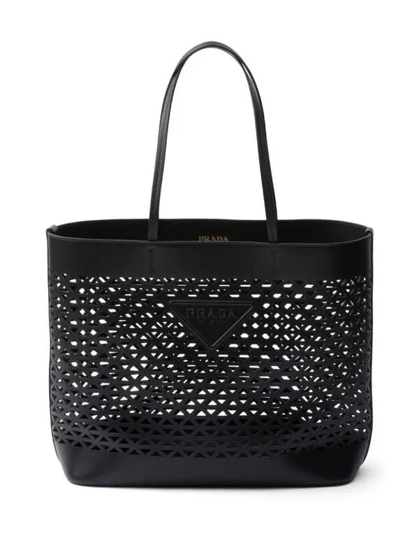 バッグ PRADA Black Perforated Leather Tote Bag Prada Logo-Perforated Tote Bag - Black | Editorialist