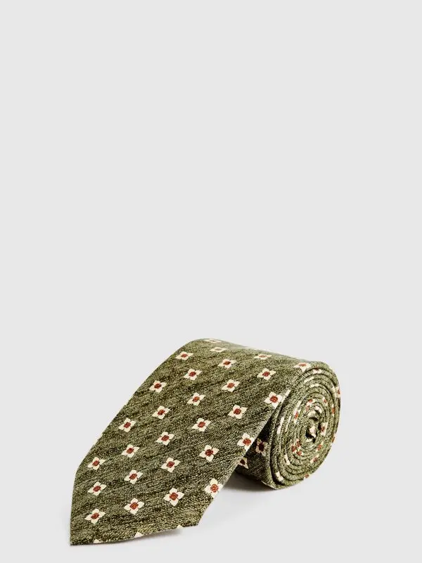REISS Comet Floral Print Silk Neck Tie - Green