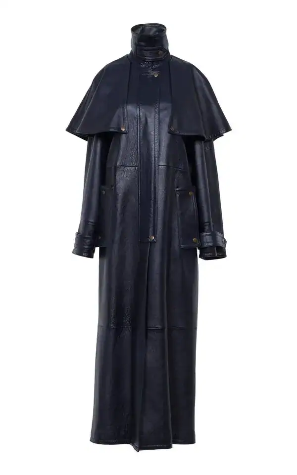 Chloé Cape-detailed Leather Trench Coat Fr 40 Only - Navy | Editorialist