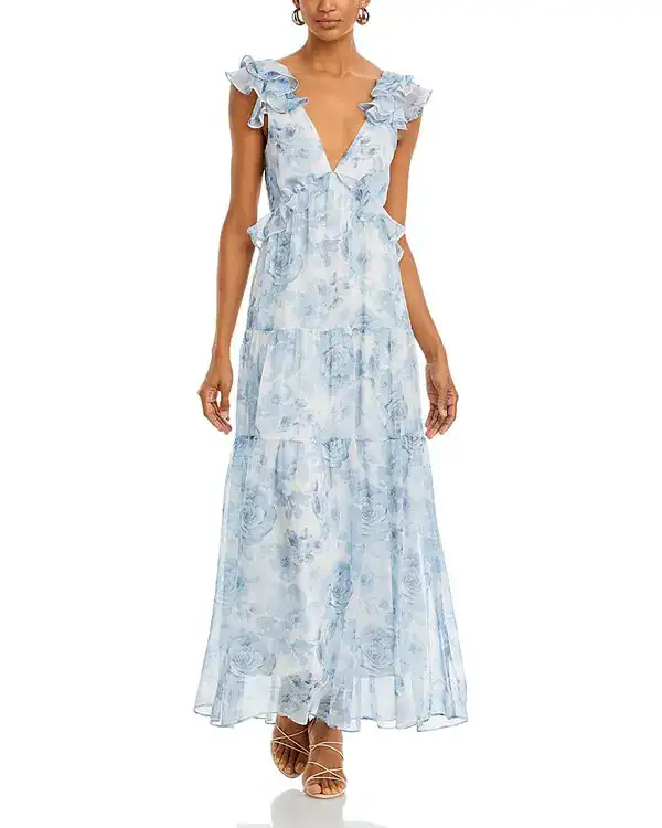 fitted lace wedding dress Shakila Ruffle-Appliqué Cut-Out Maxi Dress in Aqua Blue
