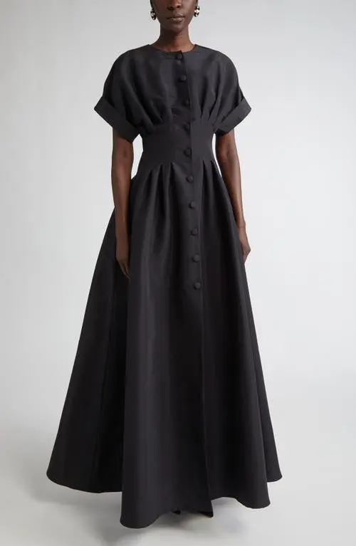 Carolina Herrera Cuffed Short Sleeve Button Front Silk Faille Gown - Black