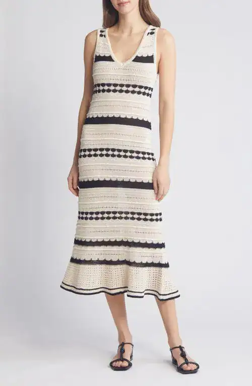 knee length dresses for ladies Sleeveless High Neck Stripe Sweater Midi Dress