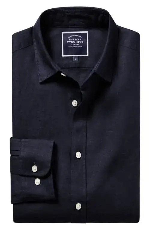 Charles Tyrwhitt Slim Fit Linen Dress Shirt In Navy - 31% Off | Editorialist
