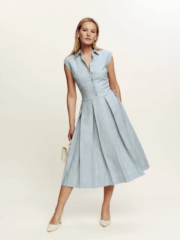 REFORMATION Prim Linen Shirt Dress - Cornflower Stripe