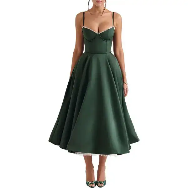 House Of Cb Mademoiselle Bustier Stretch Satin Midi Dress - Duffle Bag |  Editorialist