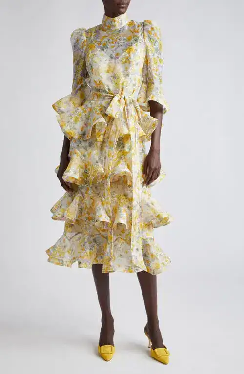 Zimmermann Harmony Floral Ruffle Tiered Linen & Silk Midi Dress In Citrus  Garden Print - 55% Off | Editorialist