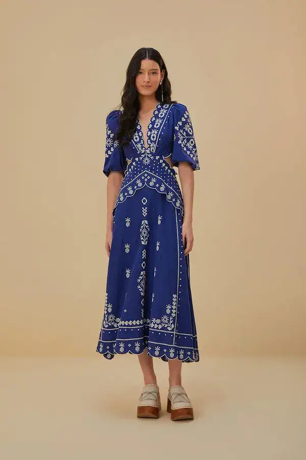 Farm Rio Embroidered Cut-Out Midi Dress - Navy Blue | Editorialist