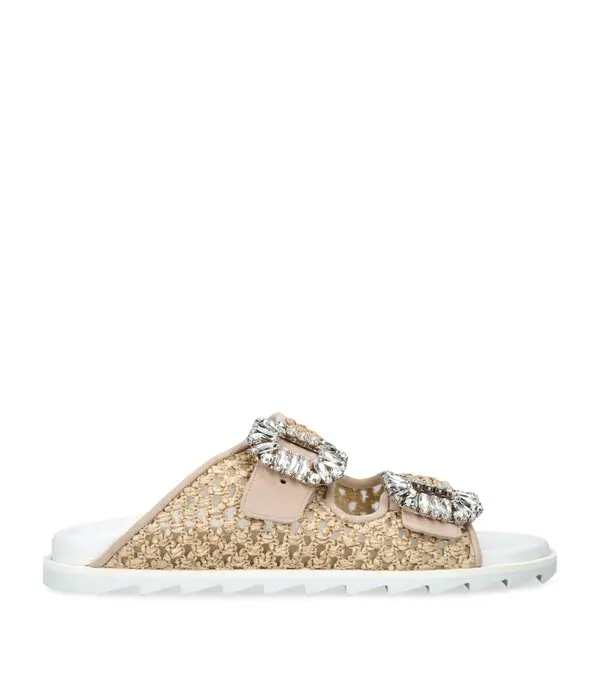 Roger Vivier Raffia Slidy Viv Strass Sandals In Beige - 32