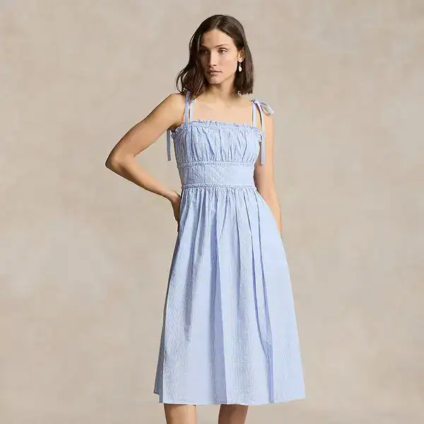 blue seersucker dress Cara Cara Malena Blue Stripe Seersucker Belted Midi Dress main image 1