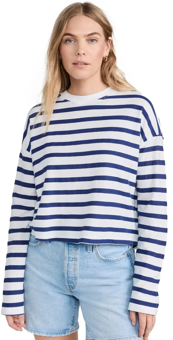 ASKK NY Printed Cropped Long Sleeve Top - Thin Navy Stripe