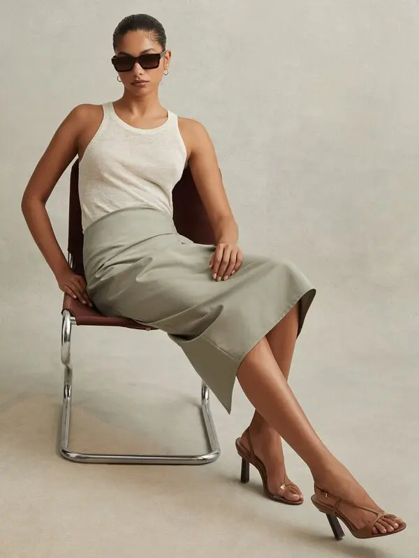 REISS Nadia Cotton-blend Midi Skirt - Khaki