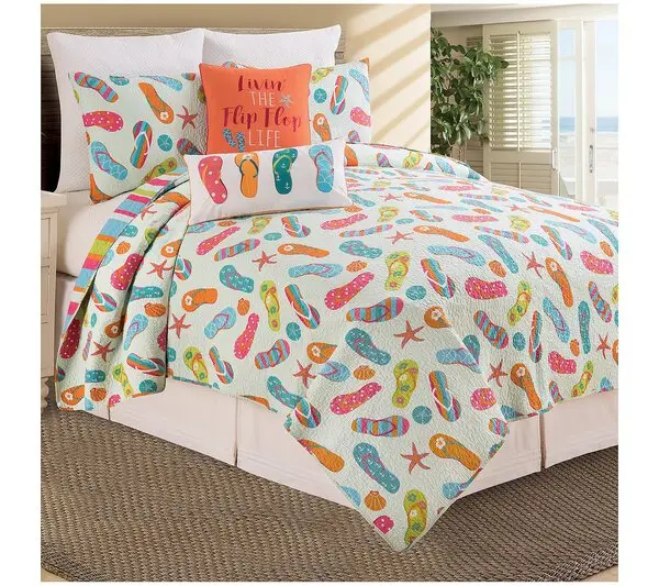 VALERIE PARR HILL Flip Flop Life Cotton Coastal Beach 3pc King Qu Ilt Set