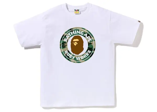 BAPE Woodland Camo Busy Works Tee Shirt - White