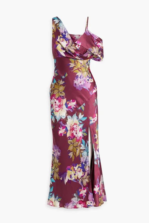 NICHOLAS Draped Floral-print Satin-crepe Midi Dress - Plum