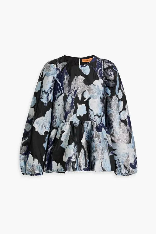 Stine Goya Jenny Metallic Jacquard Peplum Top - Navy