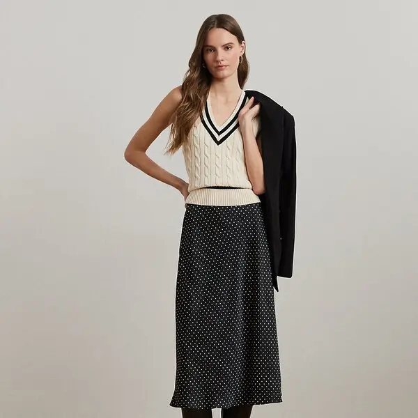 Ralph Lauren Polka-dot Charmeuse Midi Skirt - Black/cream