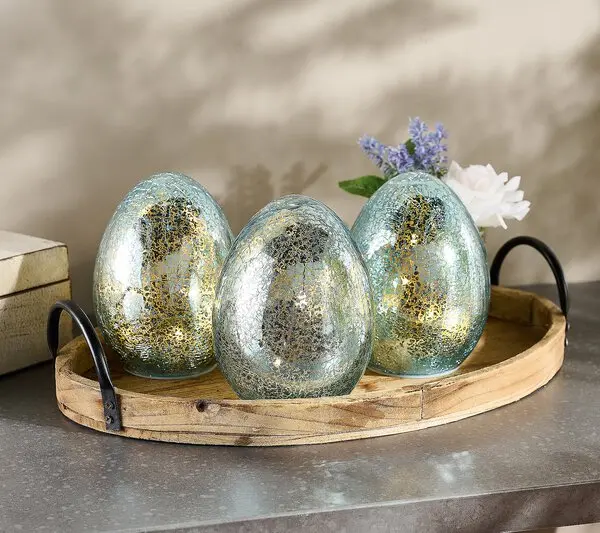VALERIE PARR HILL As Is Set Of 3 6' Twinkling Mercury Glass Crackle Eggs