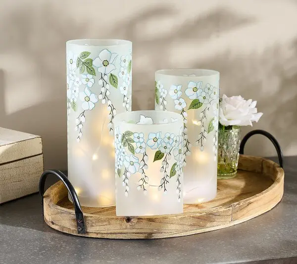 VALERIE PARR HILL As Is Set Of 3 Lit Cascading Floral Hurricane Valerie