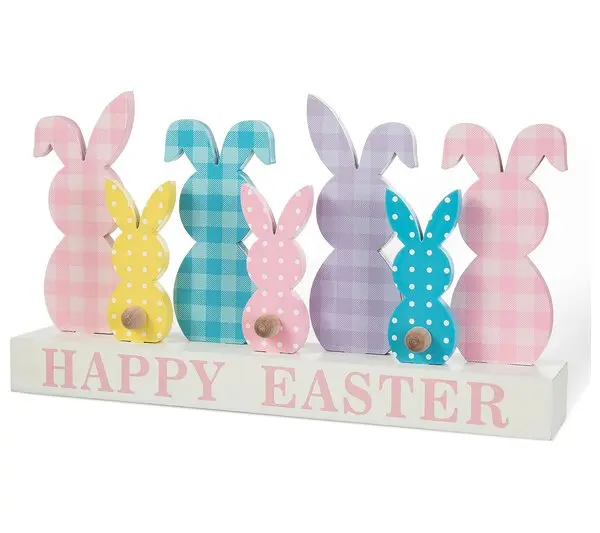 GLITZHOME 11.75' Wooden Happy Easter Bunny Fami Ly Table Decor
