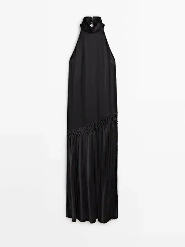 Massimo Dutti Satin Halter Dress With Fringing - Black | Editorialist