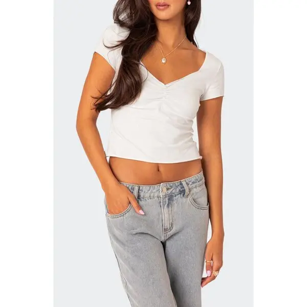 EDIKTED Ruched V-neck Crop Top - White
