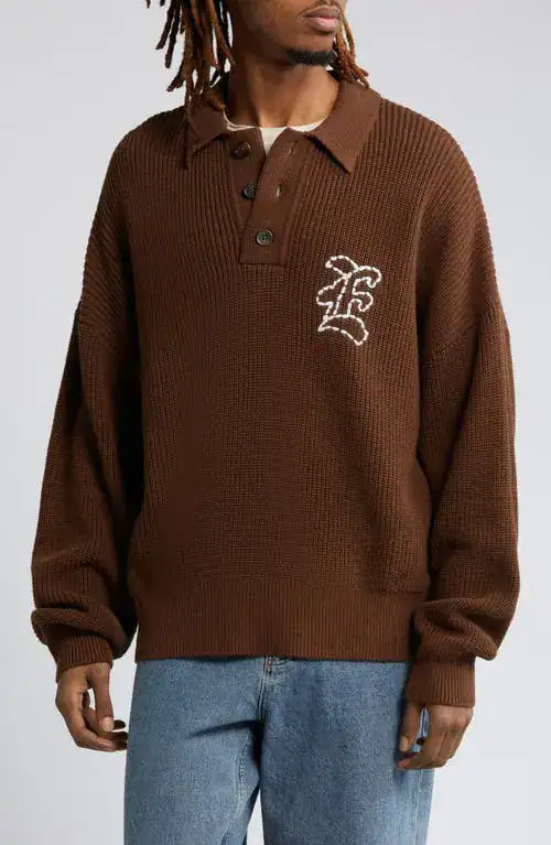 ELWOOD Oversize Long Sleeve Sweater Polo - Soil | Editorialist