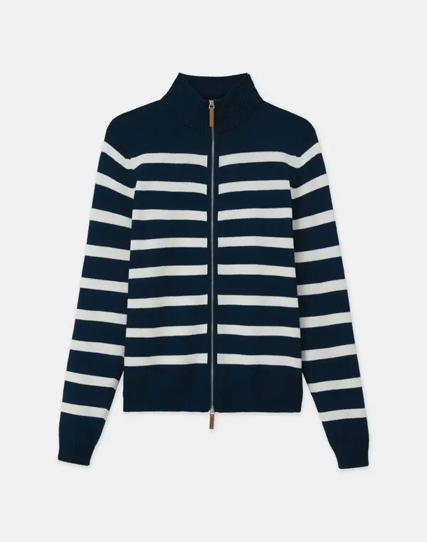 Lafayette 148 New York Stripe Cotton-silk Zip Cardigan - Lido Blue Multi